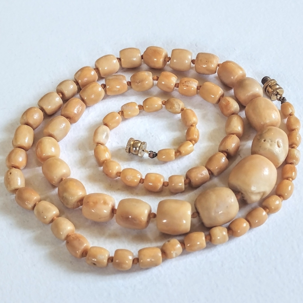 Antique Estate Asian Carved Coral Barrel Beaded Neckl… - Gem